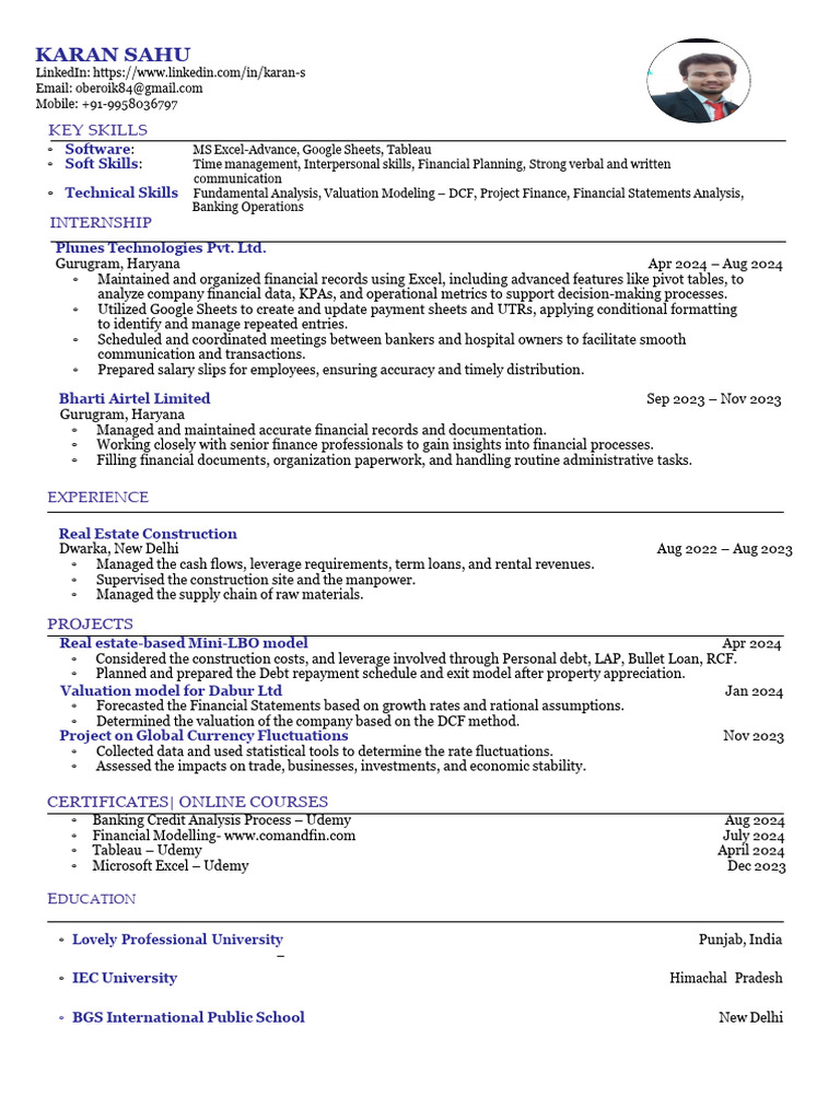 karan sahu specialized CV | PDF | Valuation (Finance) | Banks
