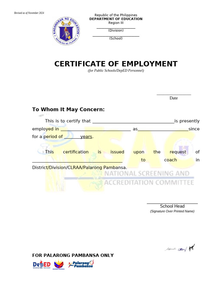 Certificate of Employment v2025 | PDF