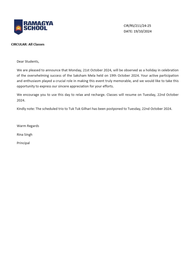 CIR-211-School Off On Success of Saksham Mela | PDF