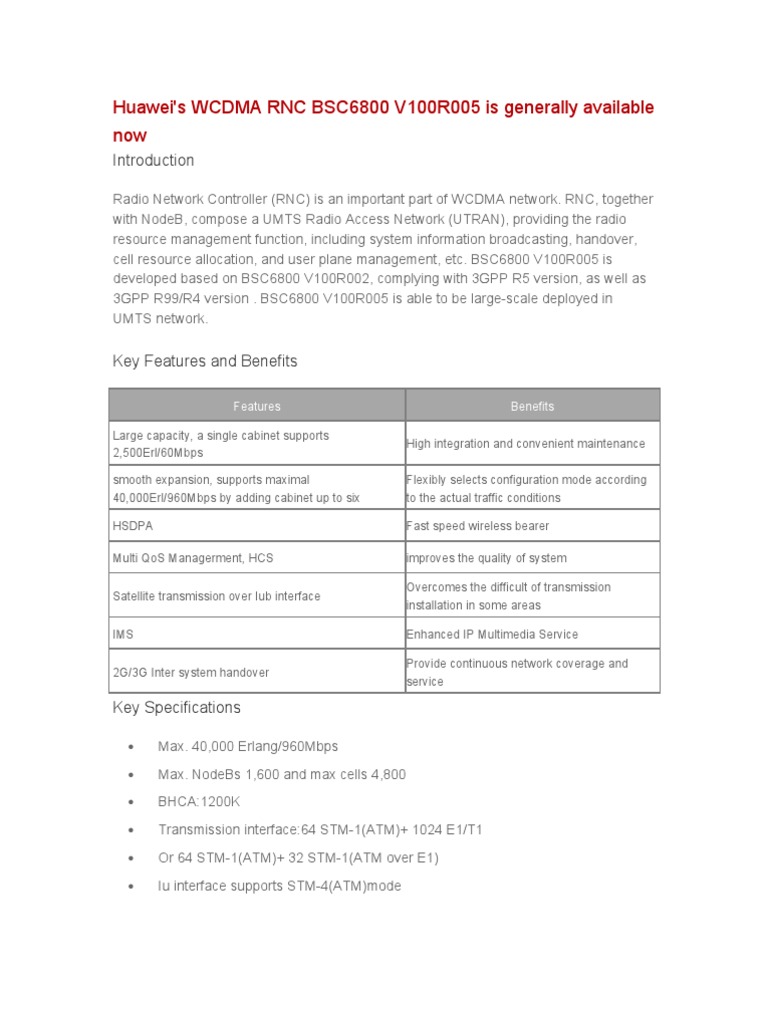 Huawei WCDMA RNC BSC6800 V100R005 Overview | PDF | Computers