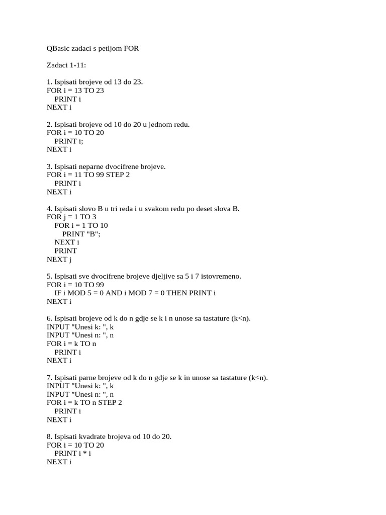 QBasic Zadaci S Petljom FOR NEXT | PDF