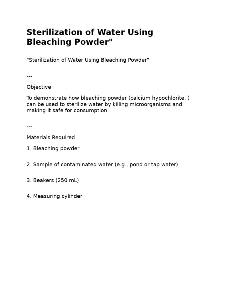 Sterilization of Water Using Bleaching Powder | PDF