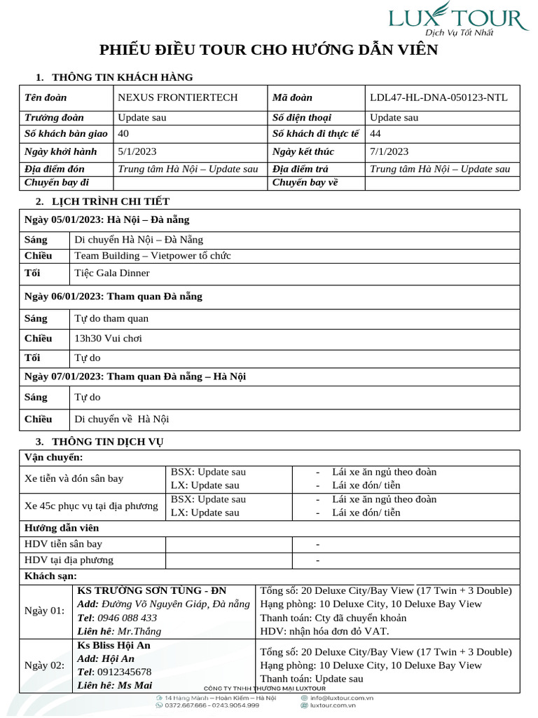 PHIẾU ĐIỀU TOUR CHO HDV TOUR ĐƯỜNG BAY | PDF