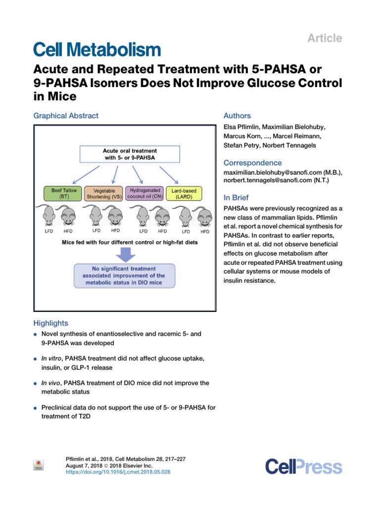 Acute and Repeated Treatment With 5-PAHSA or 9-PAHSA Isomers Does Not ...