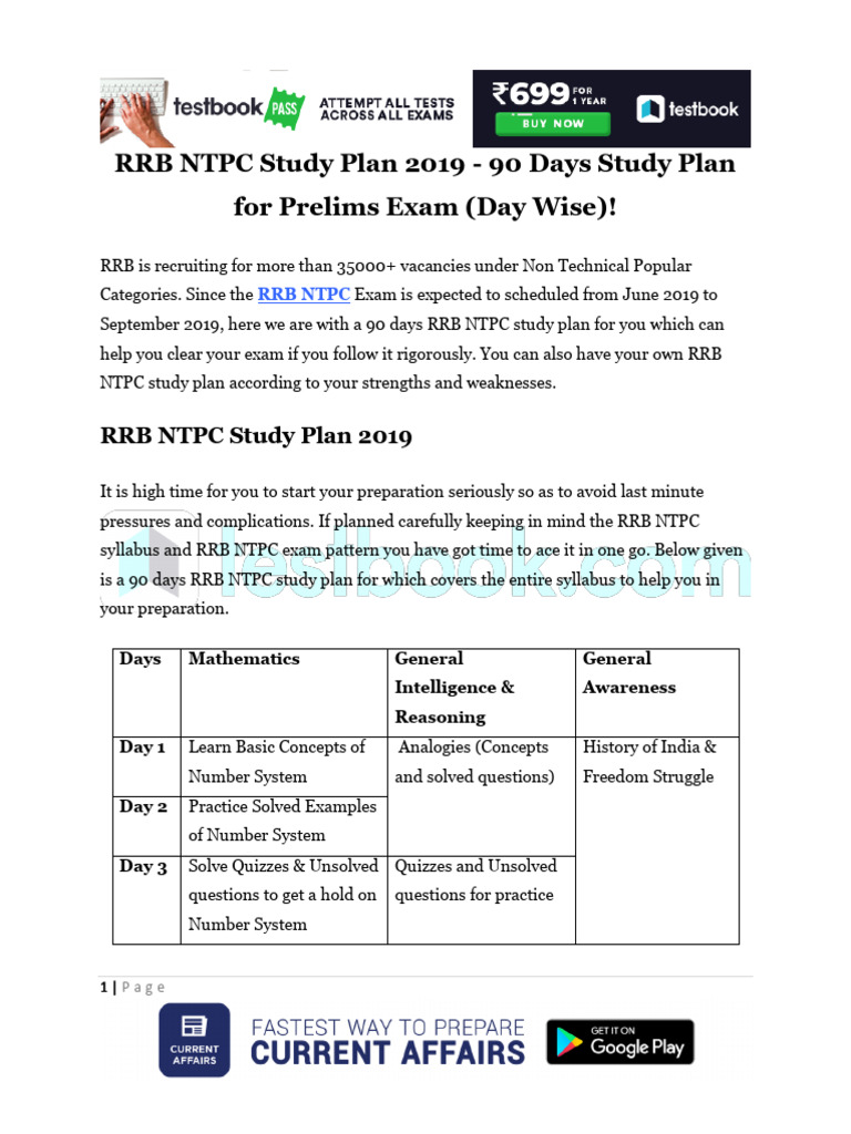 Rrb Ntpc Study Plan 2019 90 Days Study Plan for Prelims Exam Day Wise ...