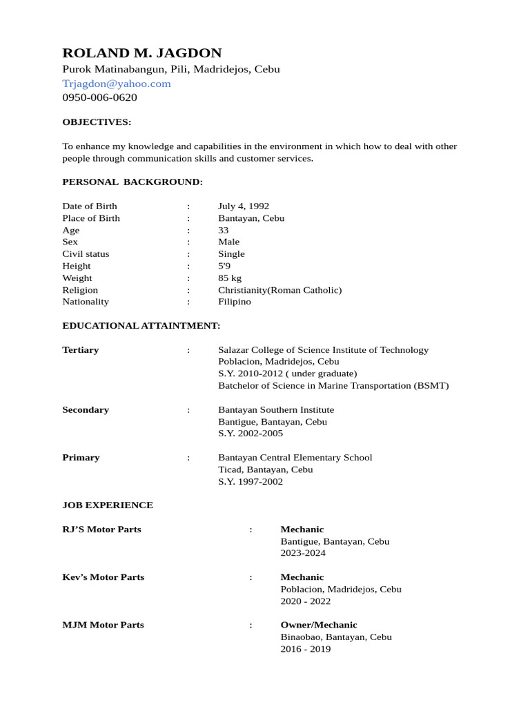 Mechanic Resume: Roland M. Jagdon | PDF