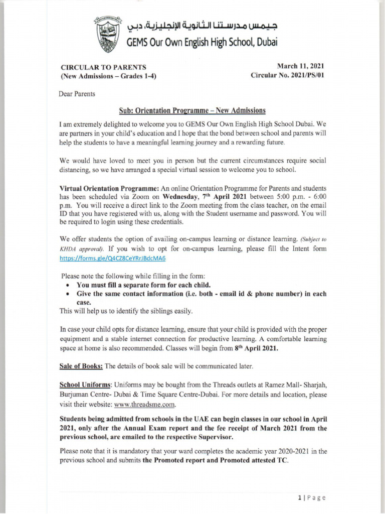 Circular - (Grades 1 - 4) Orientation Programme | PDF