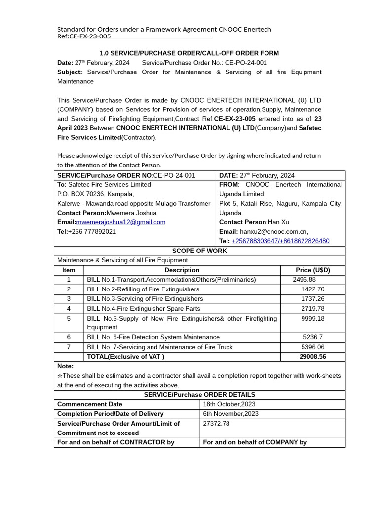 Call Off Order Cenertech - Safetec | PDF | Motor Oil