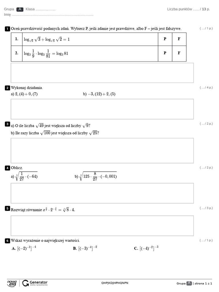 Dział 1 Liczby Rzeczywiste Test (Z Widoczną Punktacją) | PDF