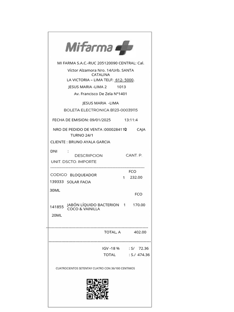 Boleta Electrónica Mi Farma S.A.C. | PDF