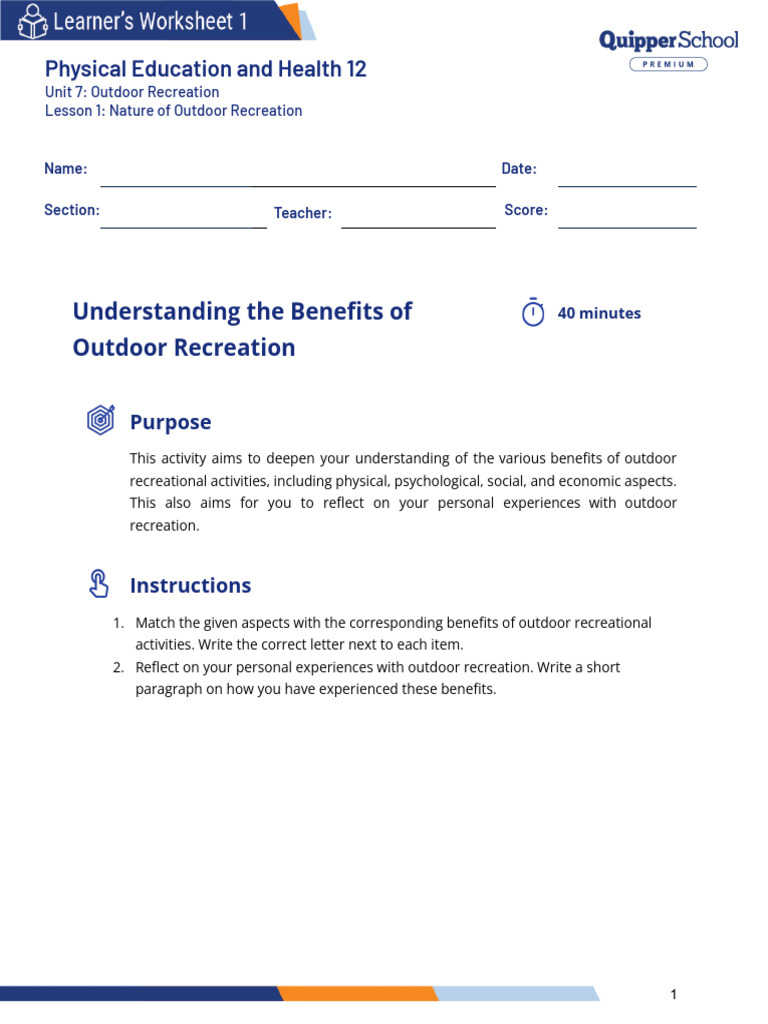 Learner Worksheet 1 Nature of Outdoor Recreation (1) | PDF | Learning ...