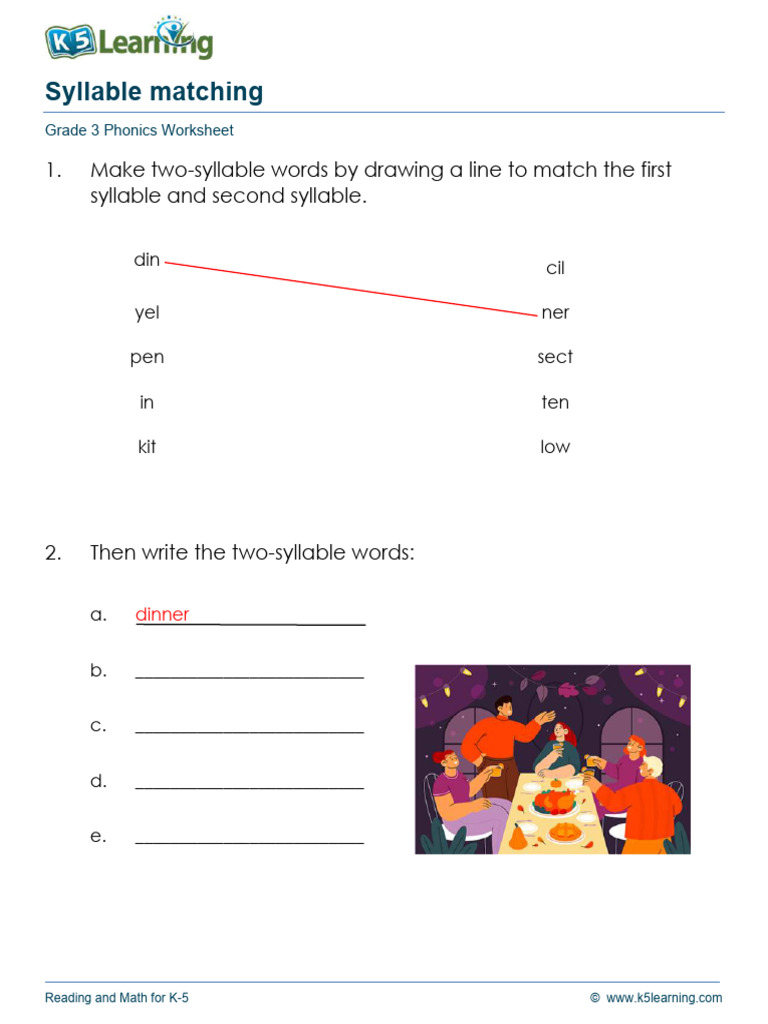 Grade 3 Syllable Matching Worksheet | PDF