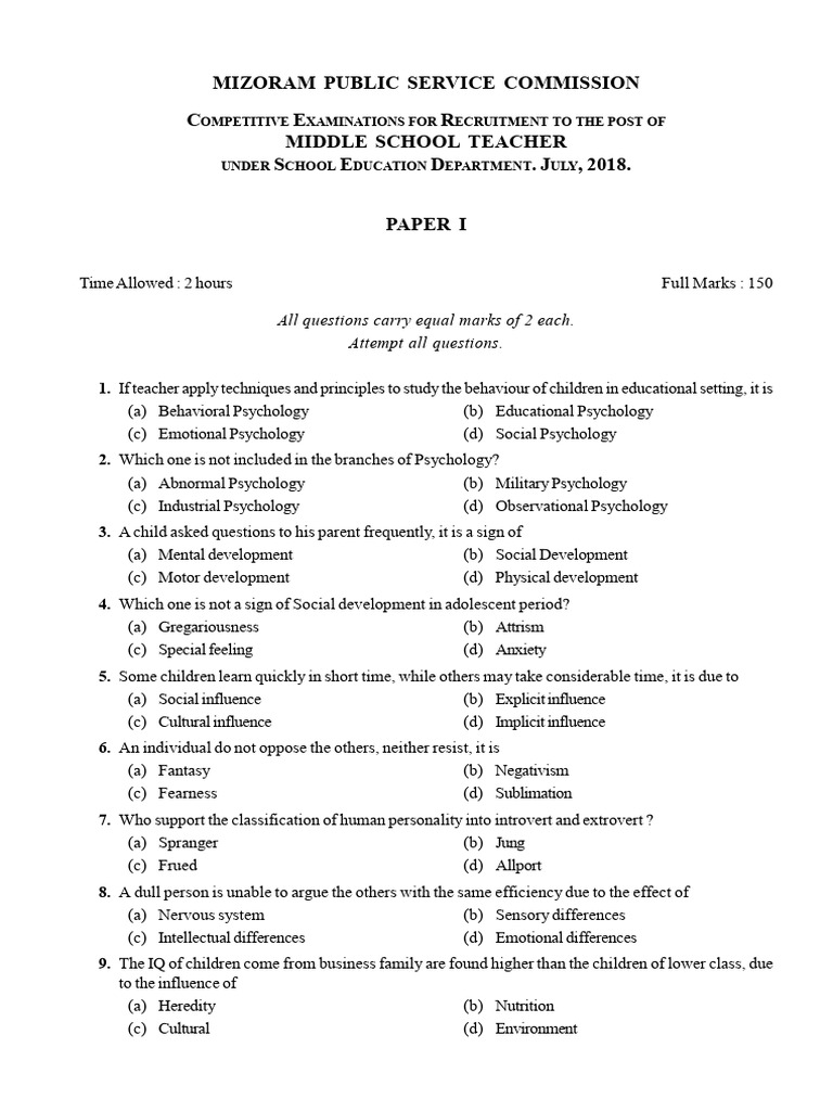 Middle School Teacher Exam Paper | PDF | Learning | Psychology