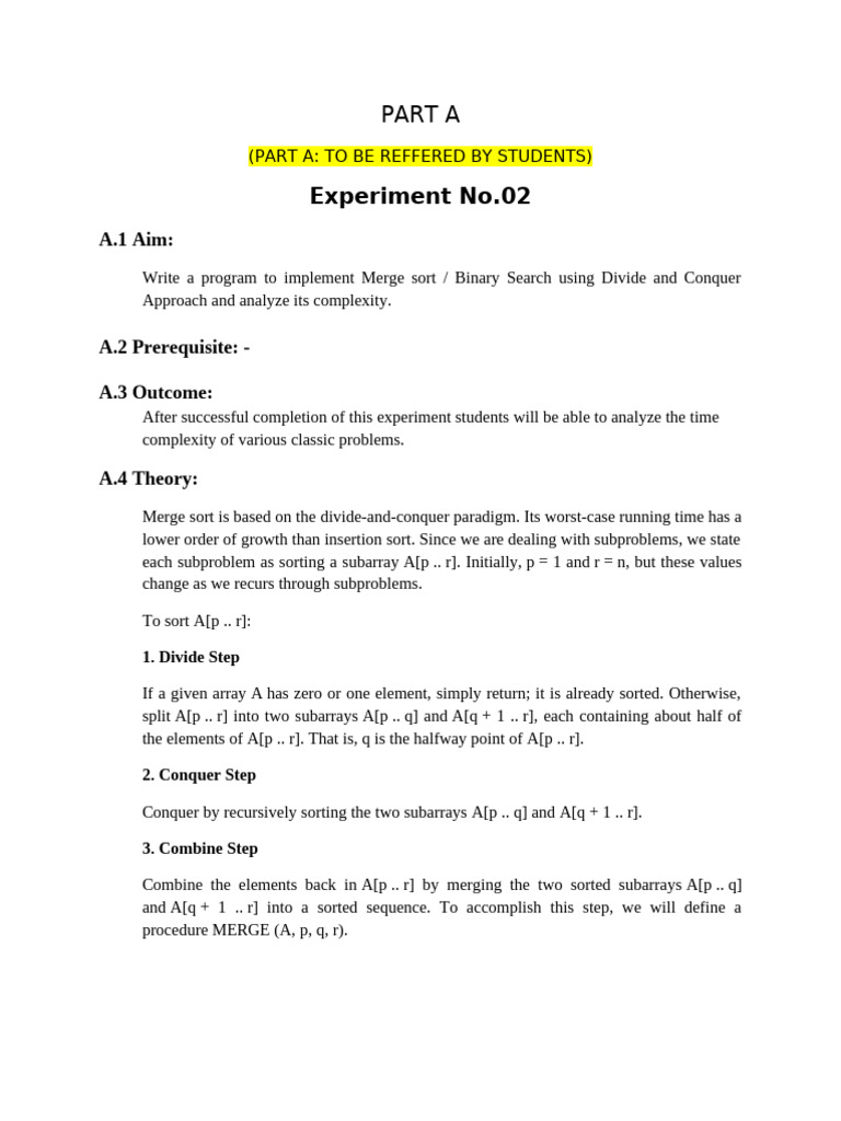 8694lab Manual EXPT No. 2 AOA - Merge Sort | PDF | Computing | Computer Science