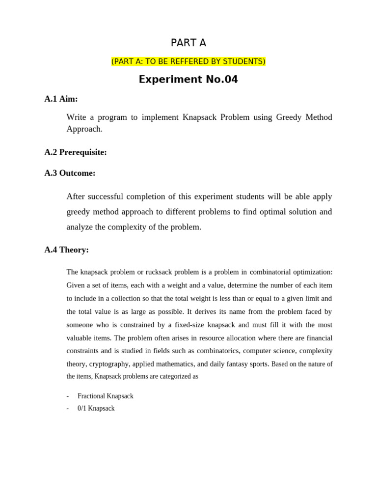 9114lab Manual Expt No. 4 AOA - Knapsack Problem Using Greedy Method | PDF | Applied Mathematics ...