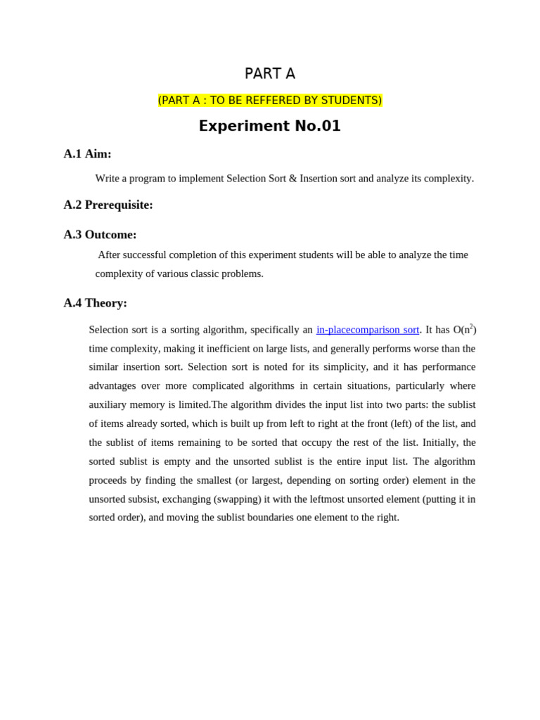 8612Lab Manual EXPT No. 1 AOA - Selection Sort | PDF | Algorithms And ...