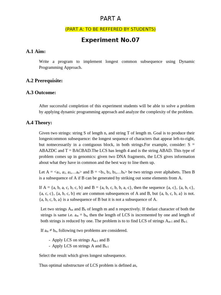 9457Lab Manual Expt No. 7 AOA - Longest Common Subsequence | PDF | Theoretical Computer Science ...