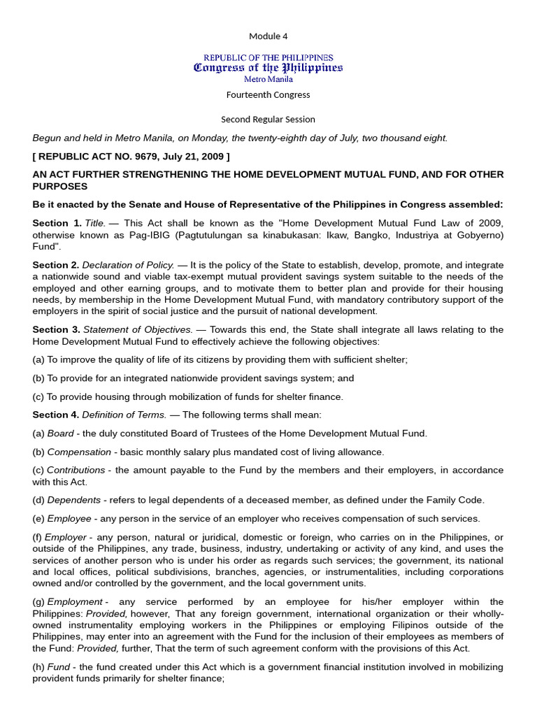 Module 4 REPUBLIC ACT NO. 9679 PAG Ibig Fund | PDF | Cost Of Living ...