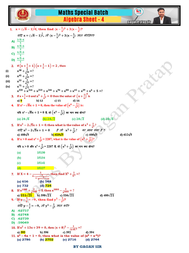 Algebra Sheet - 4 455620 Crwill | PDF