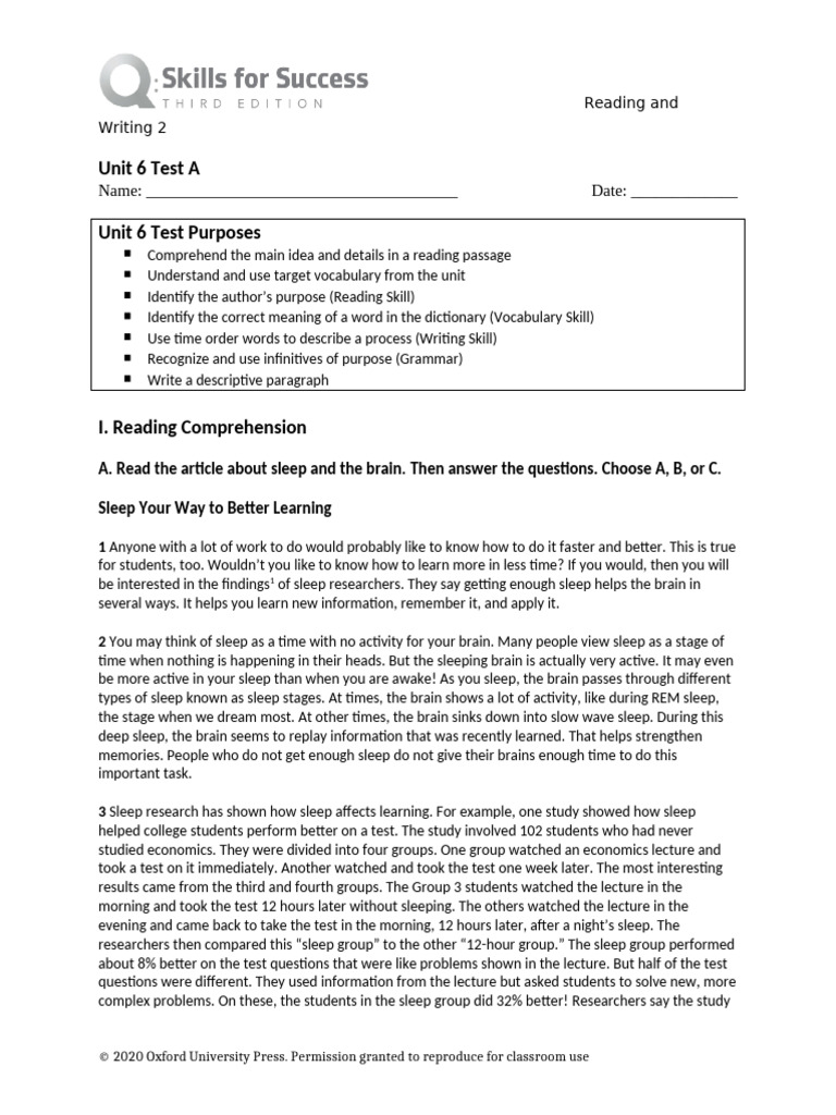 Q3e_RW2_U06A_Student | PDF | Sleep | Reading Comprehension