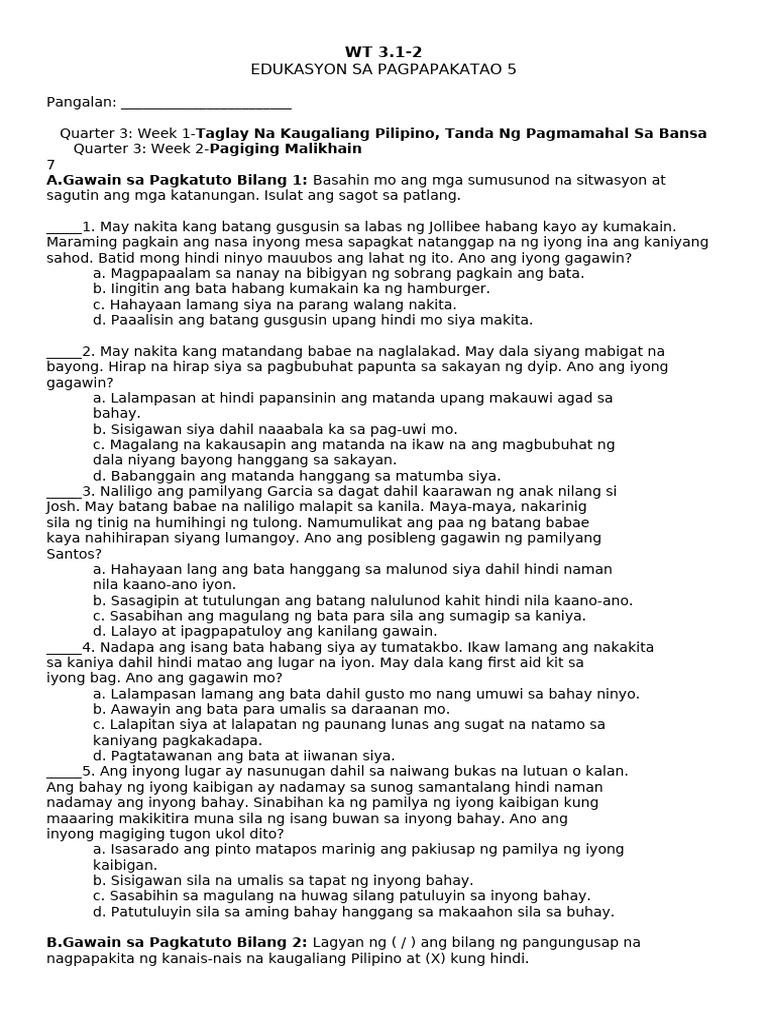 ESP 5 Activity Sheet Q3 W1-2024 | PDF