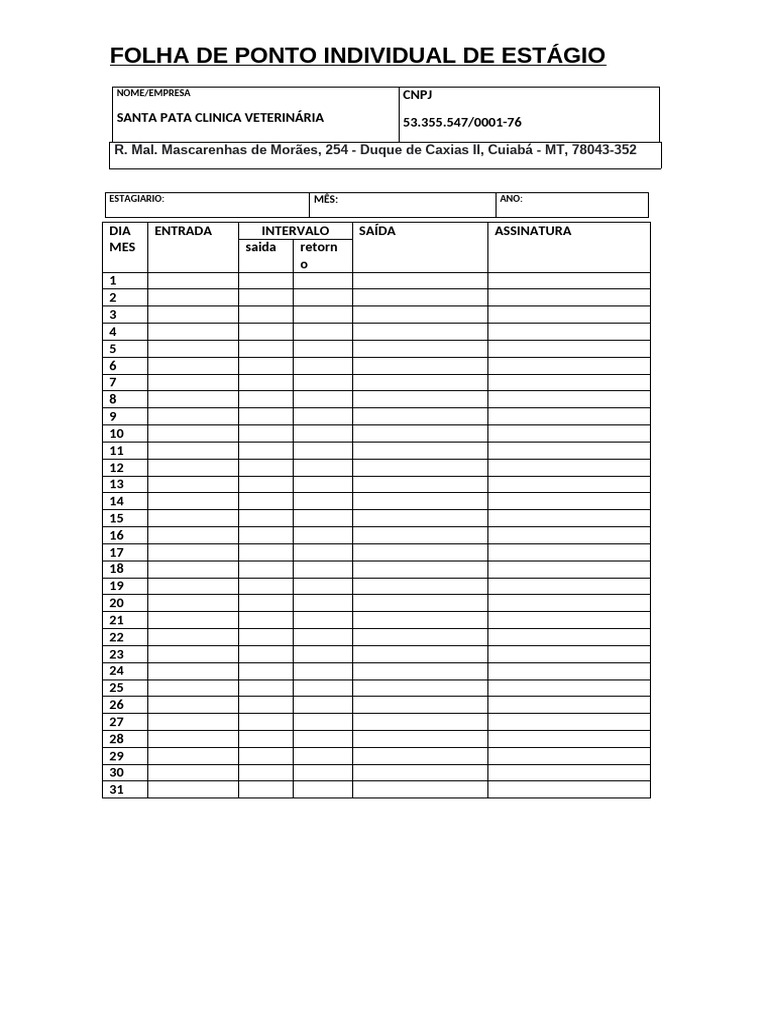 Folha de Ponto de Estágio | PDF
