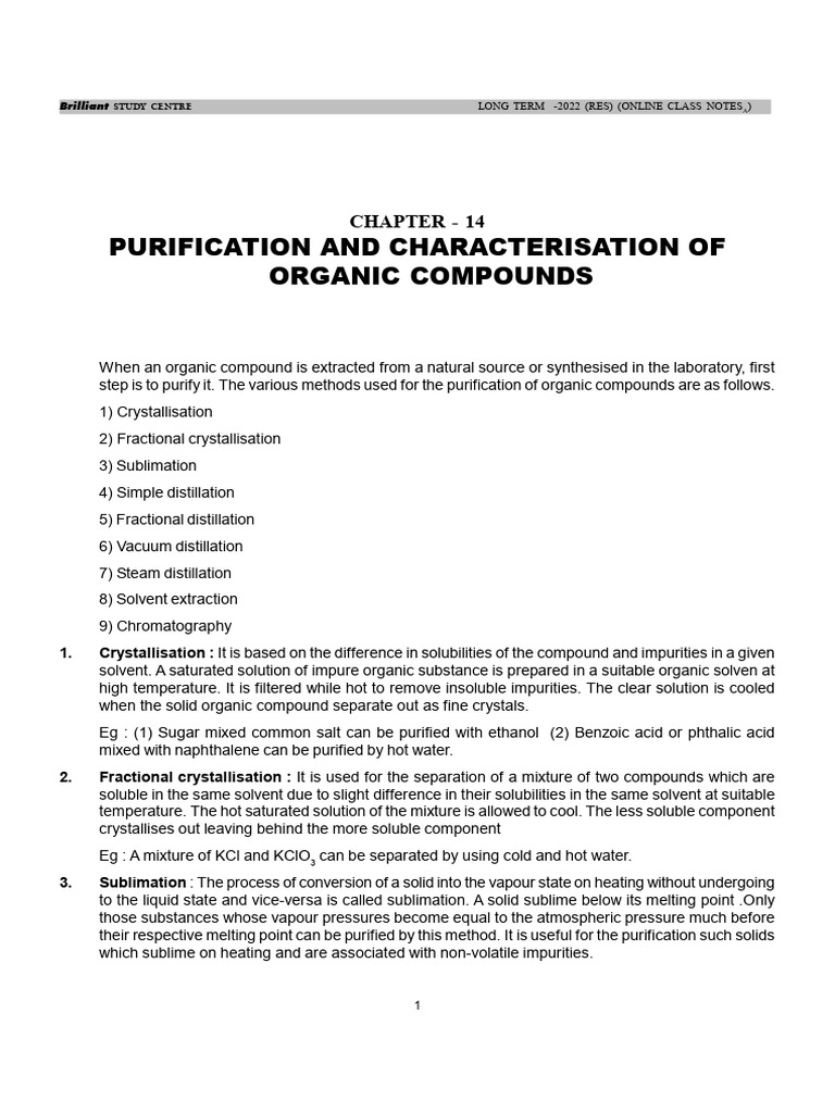 Purification & Characterisation of Organic Compounds (Lecture Note ...