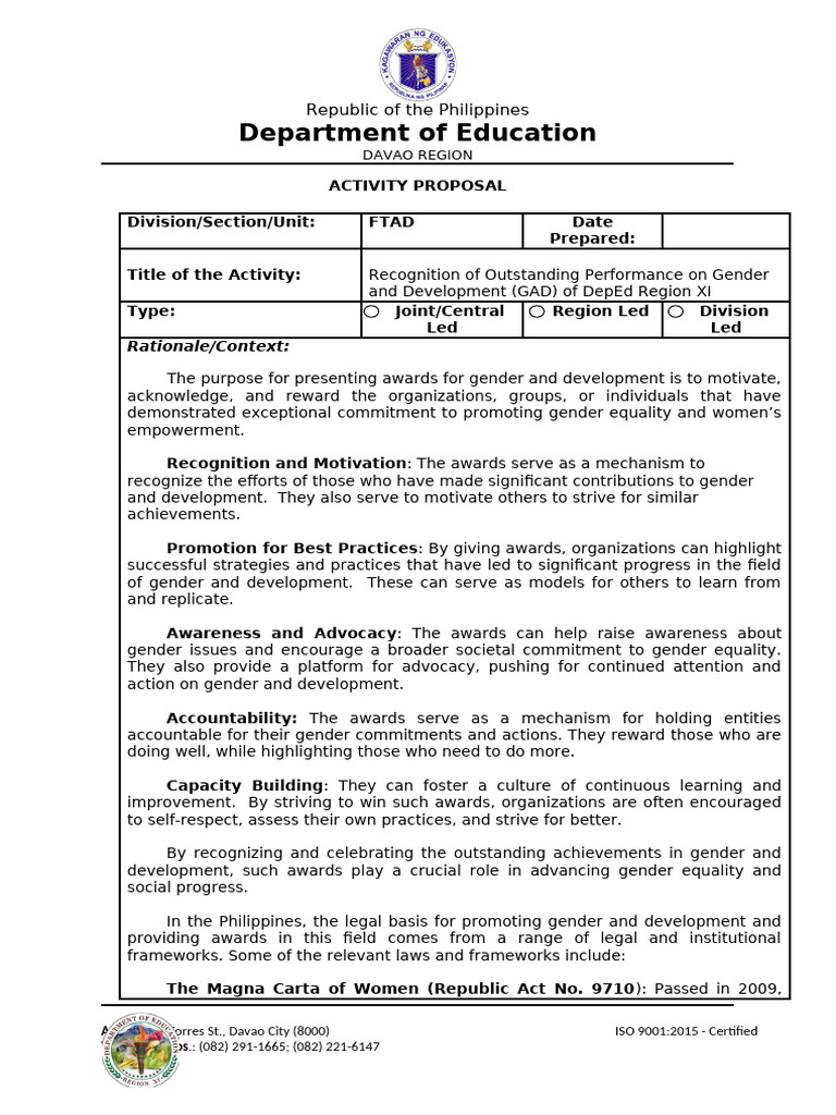 GAD Awards Proposal for DepEd Region XI | PDF | Gender And Development ...