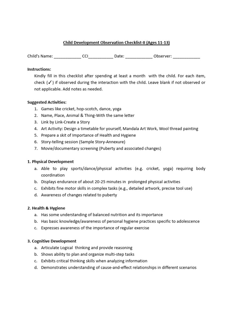 Child Development Observation Checklist-II (Ages 11-13) | PDF | Child ...