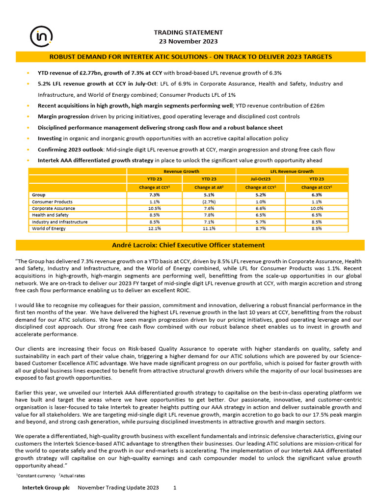 Intertek 2023 November Trading Update | PDF | Economies | Business