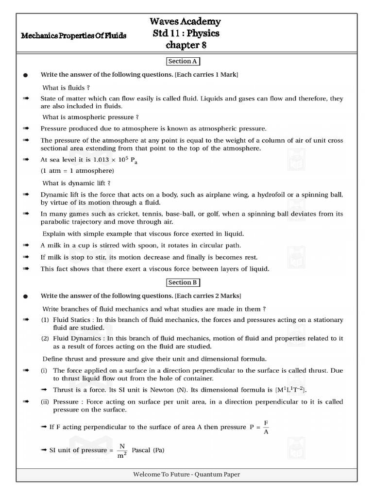Std 11 Physics: Fluid Mechanics Quiz | PDF
