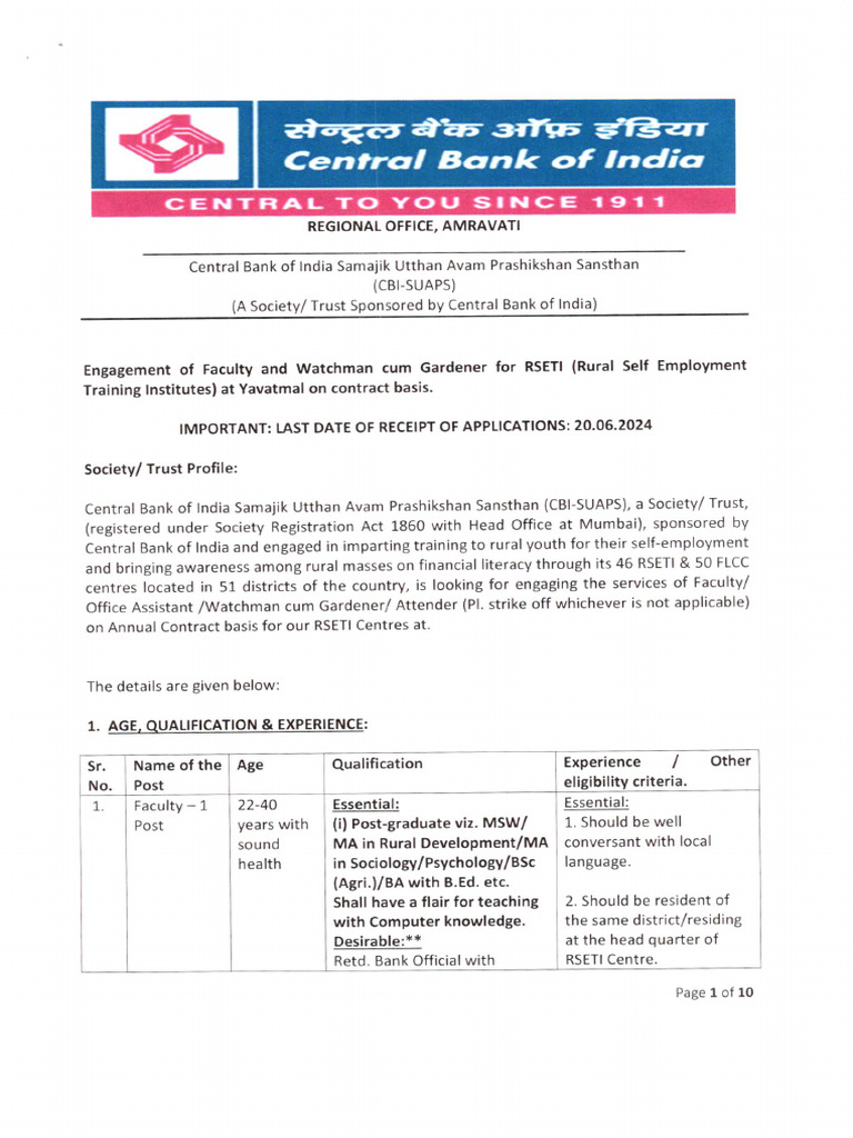 Faculty and Watchman For Cent RSETI, Yavatmal | PDF | Justice | Crime ...