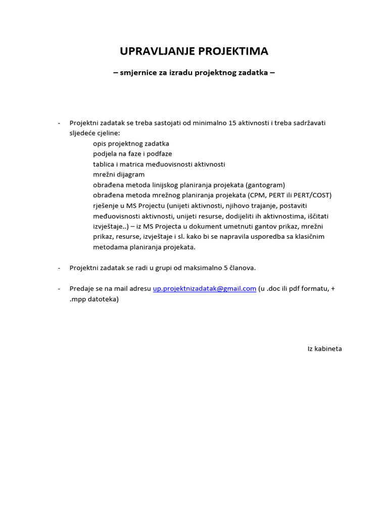 UPRAVLJANJE PROJEKTIMA - Smjernice Za Izradu Projektnog Zadatka | PDF