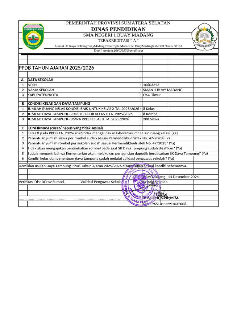 FORMAT DAYA TAMPUNG PPDB 2025 2026 Sman 1 Buay Madang | PDF