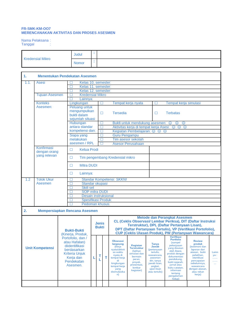 Fr-Smk-Km-Oo7 Merencanakan Aktivitas Dan Proses Asesmen | PDF