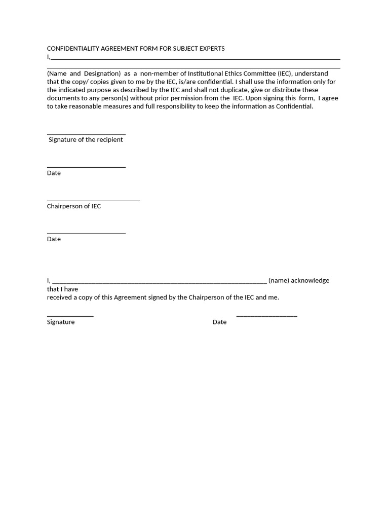 Confidentiality Agreement Form For Subject Experts | PDF