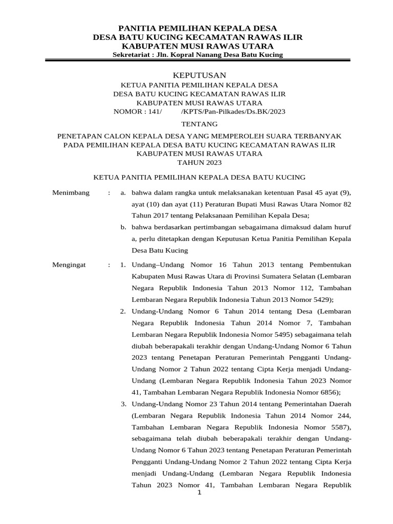 SK Panitia Desa TTG Penetapan Calon Kepala Desa Yang Memperoleh Suara Terbanyak | PDF