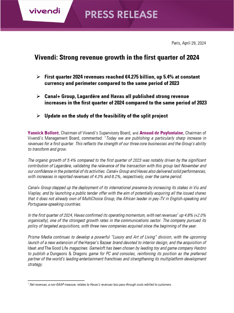 Vivendi Q1 2024 Revenue Growth Insights | PDF | American Depositary ...