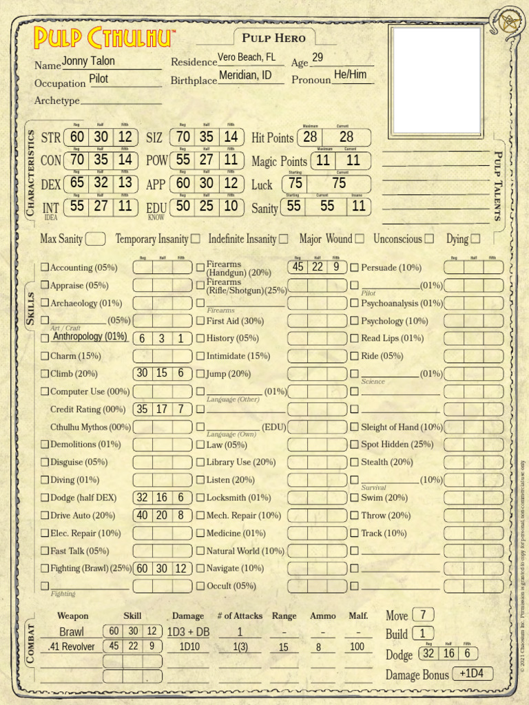 Jonny Talon Pilot Sheet | PDF