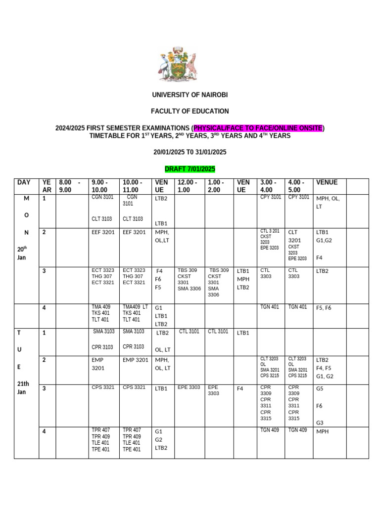 First Semester Examinations Timetable 2025 | PDF