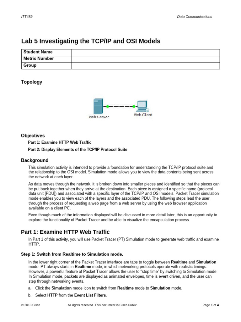 Lab 5 Investigating The TCPIP and OSI Models | PDF | Internet Protocol Suite | Osi Model
