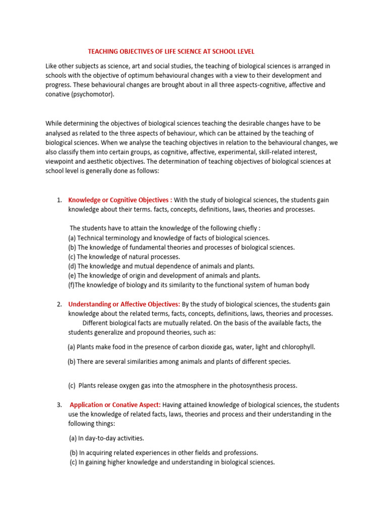 Teaching Objective of Life Science at School Level | PDF | Science | Knowledge