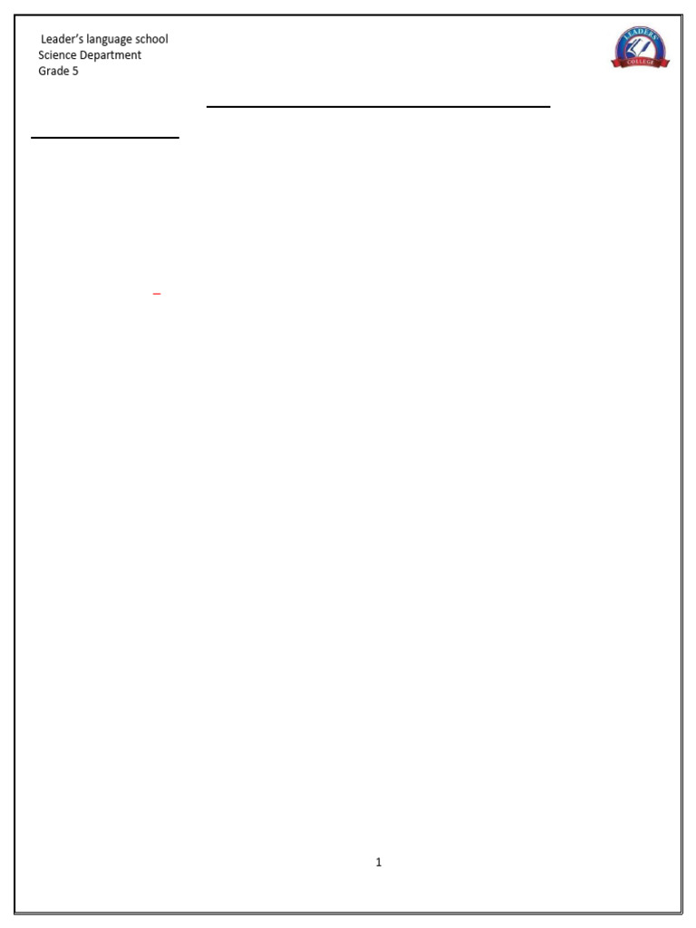 Model Answers - Mid Term Revision Sheet Grade 5 - Science | PDF | Water | Leaf