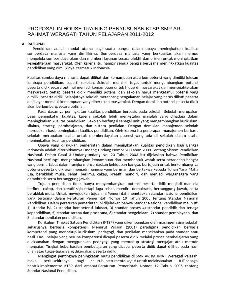 Proposal in House Training Penyusunan KT | PDF