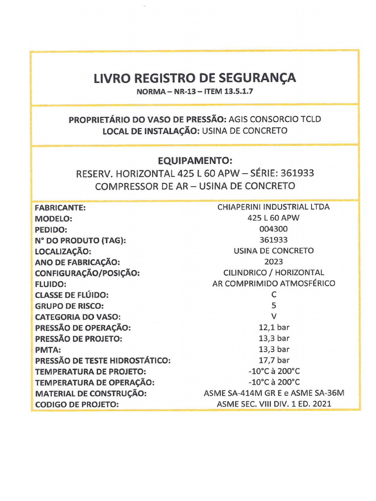 Livro Registro Segurança Compressor Usina de Concreto AGIS (Assinado ...