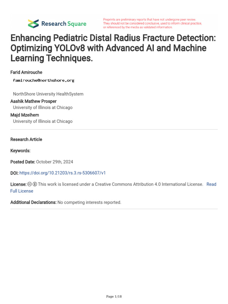 Enhancing Pediatric Distal Radius Fracture Detection: Optimizing Yolov8 With Advanced Ai and ...