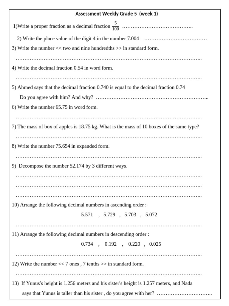 Grade 5 Weekly Math Assessments | PDF | Numbers | Arithmetic