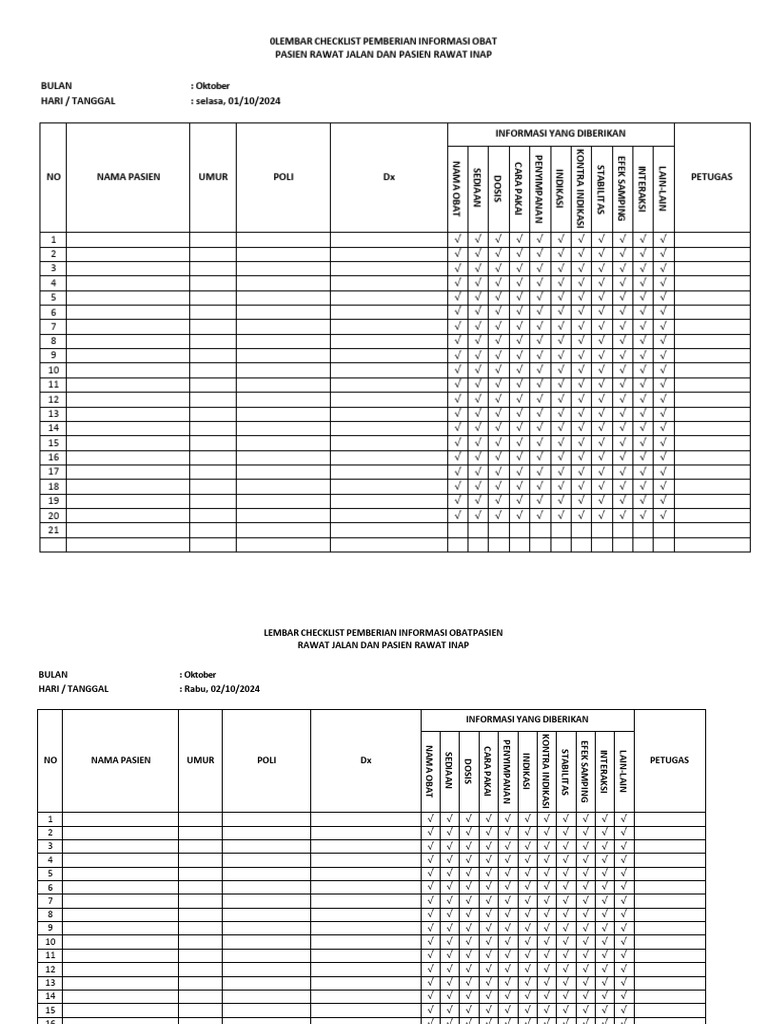 Lembar Checklist Pio | PDF