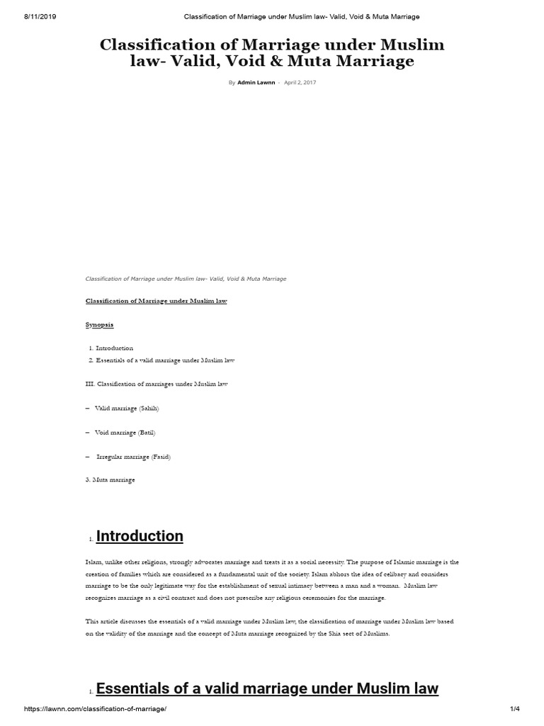 Classification of Marriage Under Muslim Law - Valid, Void & Muta Marriage | PDF | Marriage | Wife