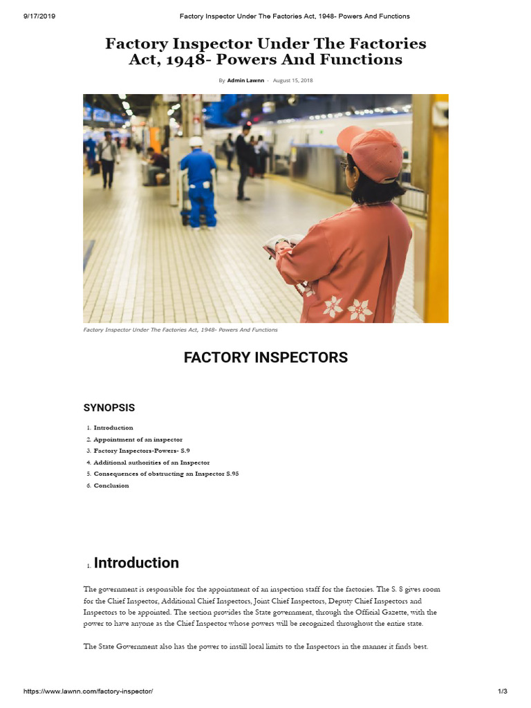 Factory Inspector Under The Factories Act, 1948 - Powers and Functions ...